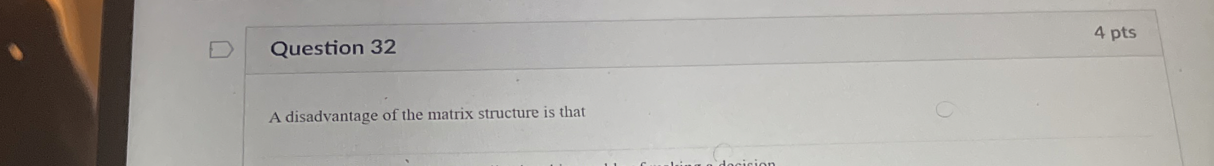 Solved Question 324 ﻿ptsA disadvantage of the matrix | Chegg.com