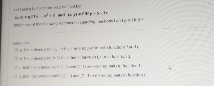 Solved Let f ﻿and g ﻿be functions on Z ﻿defined by:(x,y)ing | Chegg.com