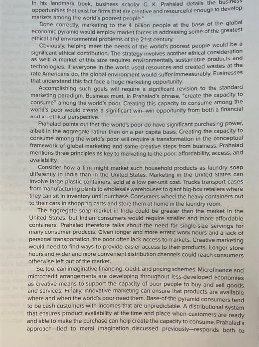 Solved In his landmark book, business scholar C. K Prahalad | Chegg.com