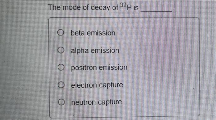 Solved The mode of decay of 32p is Obeta emission O alpha | Chegg.com