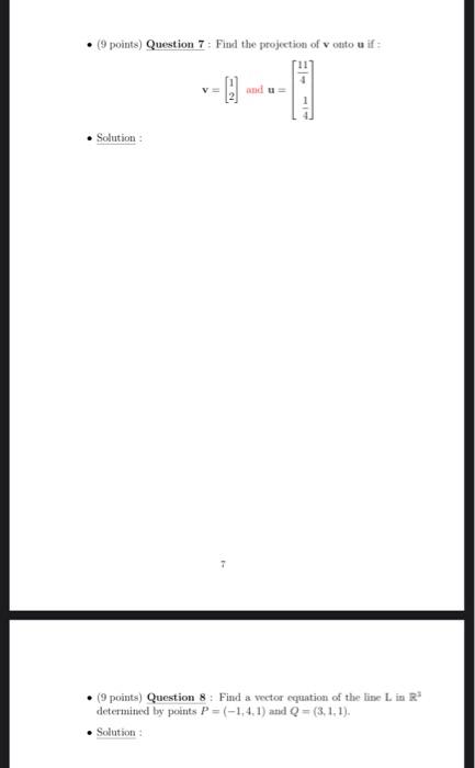 Solved - (9 points) Question 7 : Find the projection of v | Chegg.com