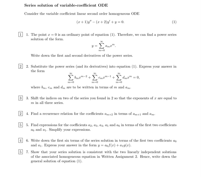 Solved Series solution of variable-coefficient ODE Consider | Chegg.com