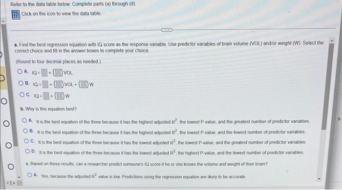 Solved IQ, Brain Volume, and Weight Data Table pleIQ, Brain | Chegg.com