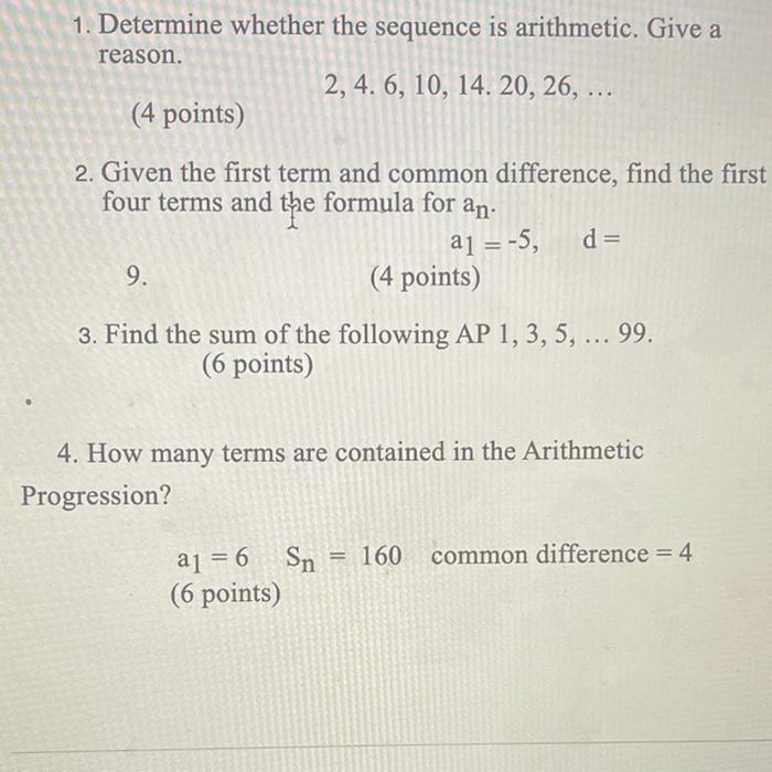 Solved 1. Determine whether the sequence is arithmetic. Give | Chegg.com