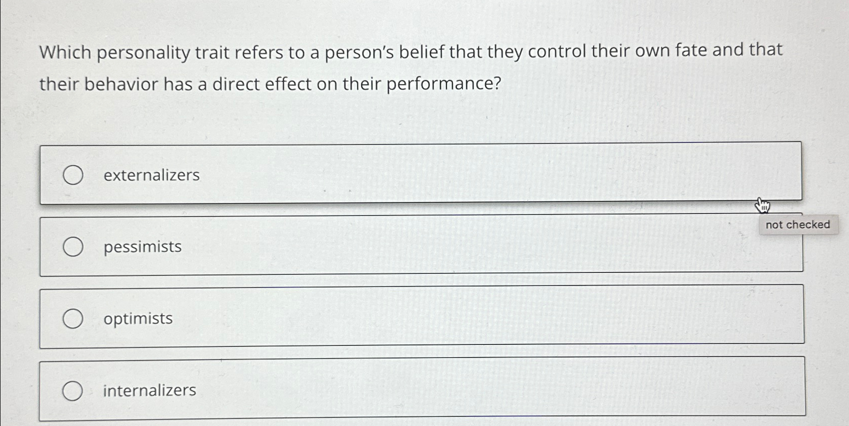 Solved Which personality trait refers to a person's belief | Chegg.com