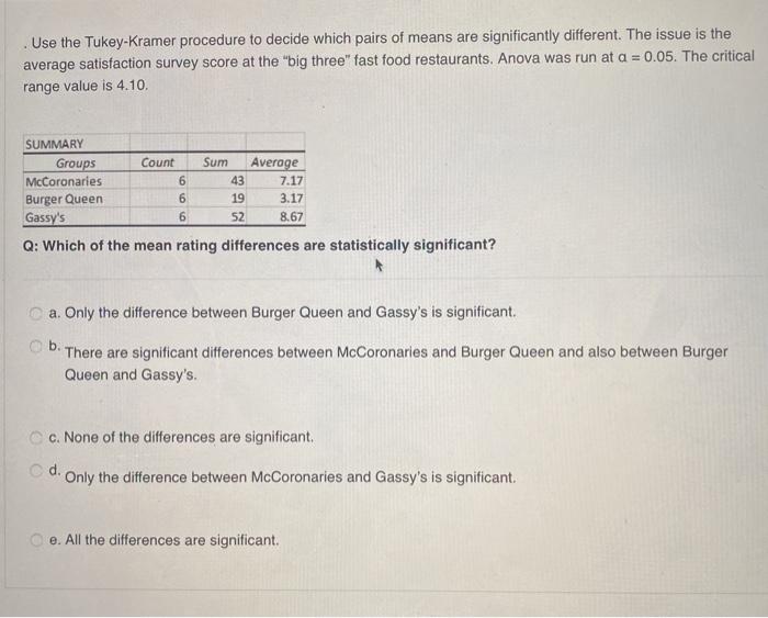 Solved Use the Tukey-Kramer procedure to decide which pairs | Chegg.com