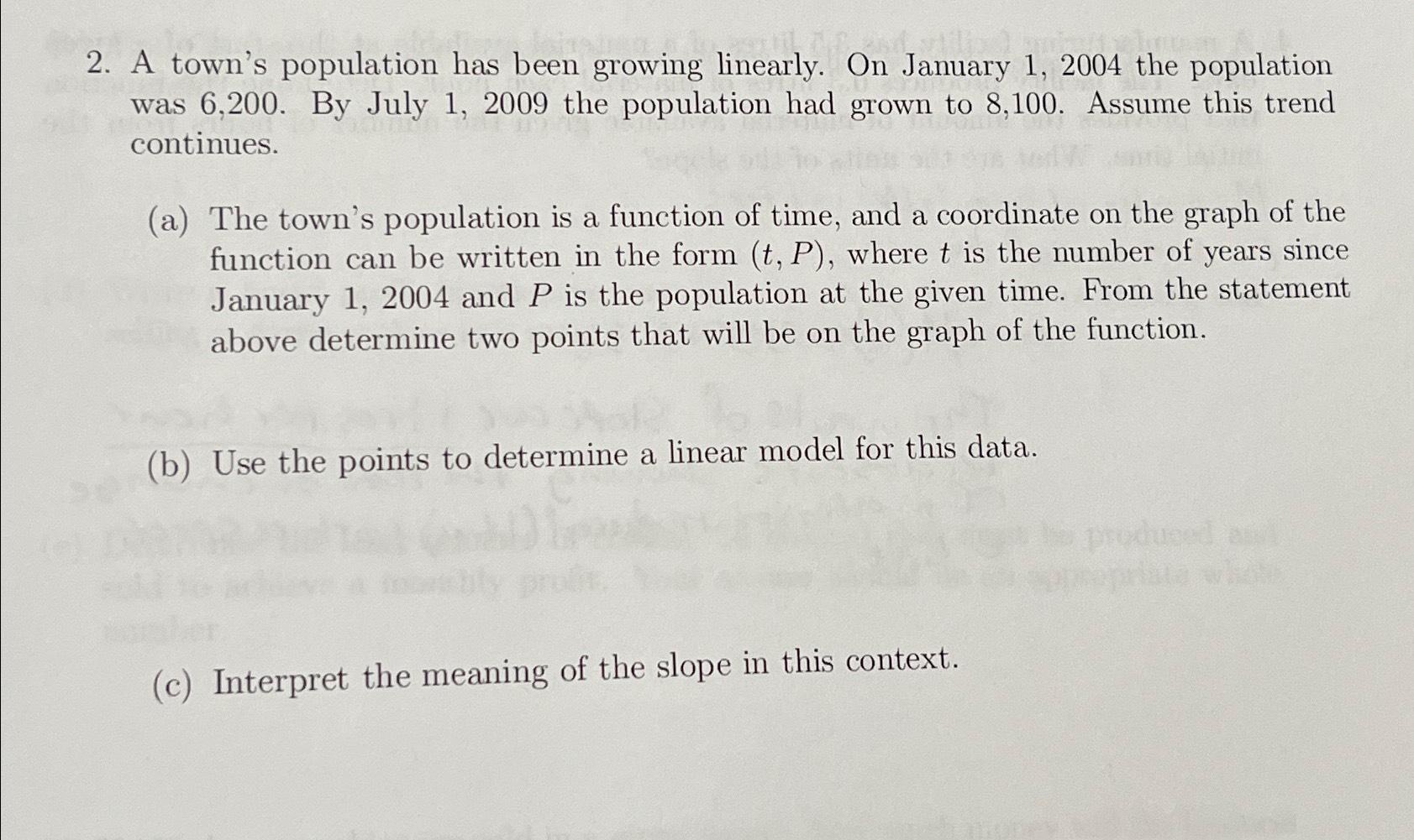 Solved A town's population has been growing linearly. On | Chegg.com