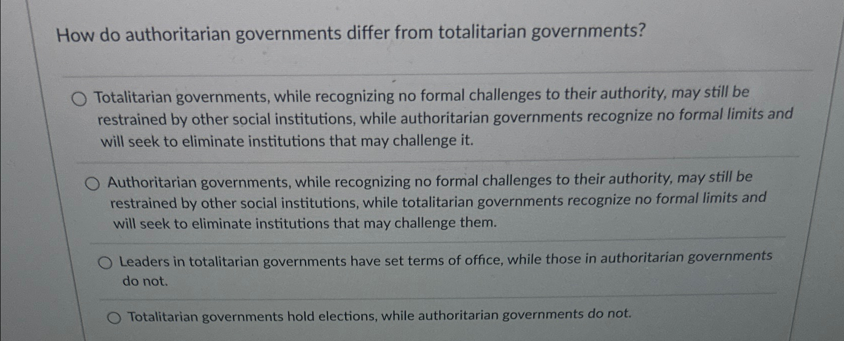 Solved How do authoritarian governments differ from | Chegg.com