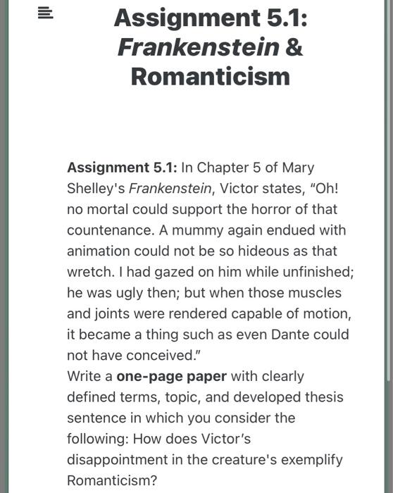 Assignment 5.1: Frankenstein \& Romanticism | Chegg.com