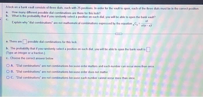 Solved A lock on a bank vault consists of three dials, each | Chegg.com