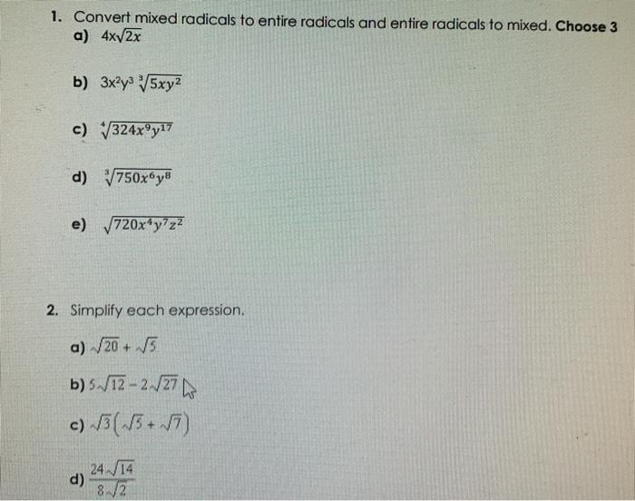 Solved 1. Convert the entire radical to a mixed radical in | Chegg.com