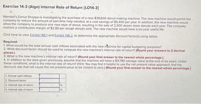 Solved Exercise 14−3 (Algo) Internal Rate of Return [LO14-3] | Chegg.com