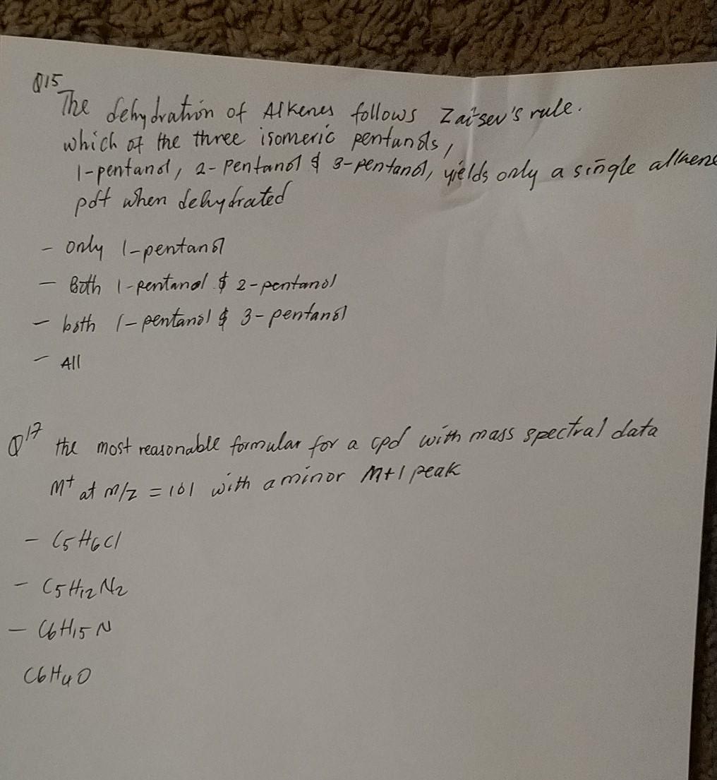 Solved I-pentanol, 2-pentanol & 3-pentand, yélds only a | Chegg.com