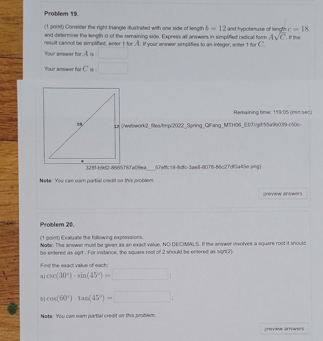 Solved Problem 19 1 Point Consider The Right Triangle Chegg