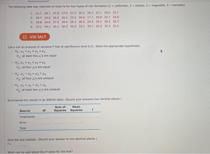Solved The following data was reported on total Fe for four | Chegg.com