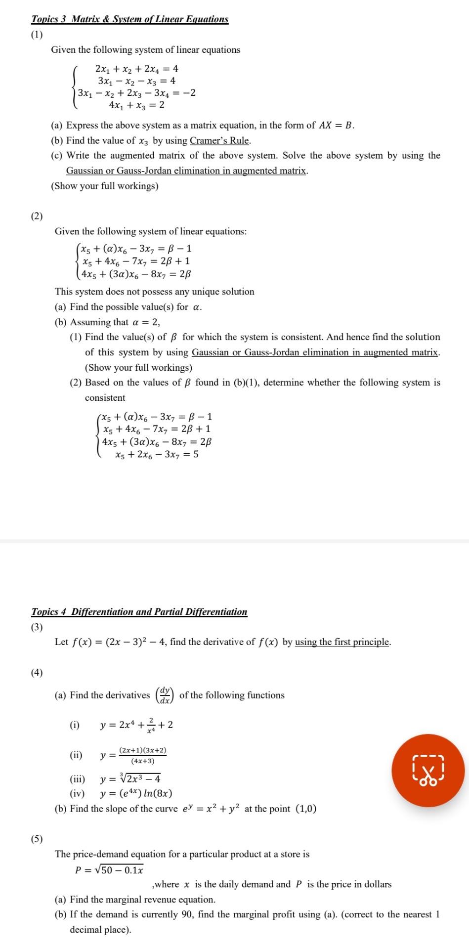 Solved Given the following system of linear equations | Chegg.com