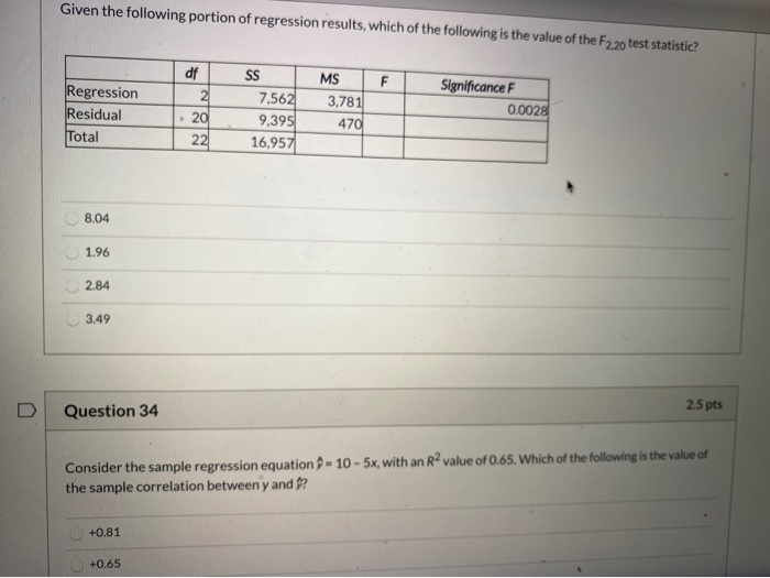 Solved Given the following portion of regression results, | Chegg.com