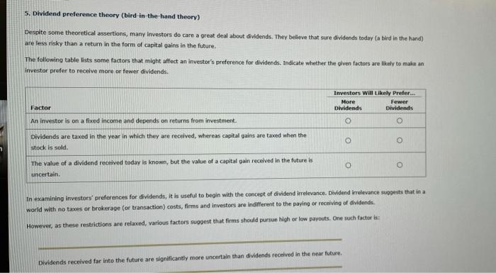 Solved 5 Dividend Preference Theory Bird In The Hand 6664