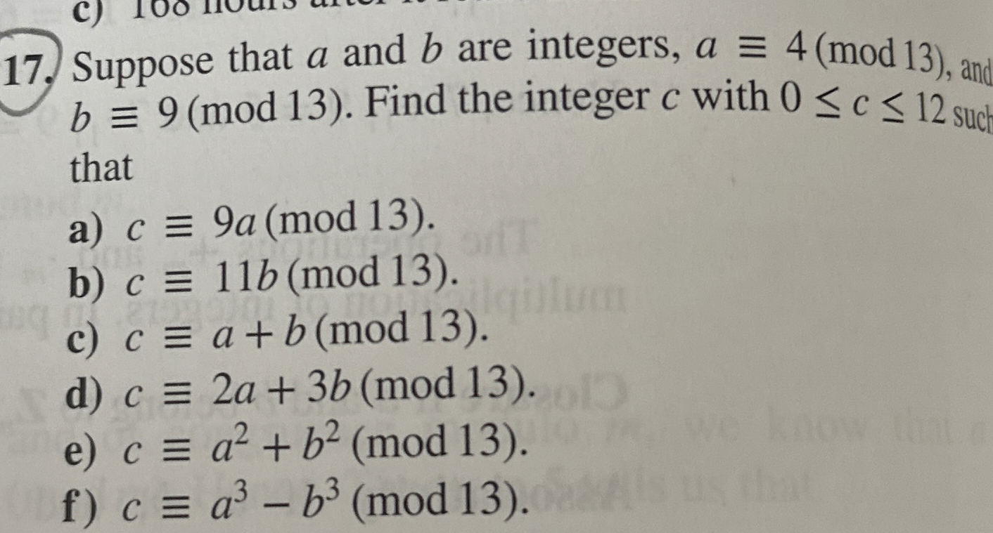 Solved Suppose that a and b ﻿are integers, a-=4(mod13), | Chegg.com