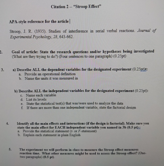 Solved Citation 2 - ﻿"Stroop Effect"APA-style reference for | Chegg.com
