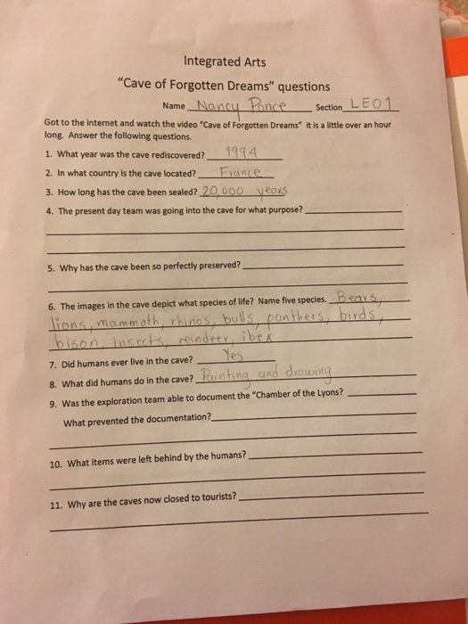 Integrated Arts "Cave of Forgotten Dreams" questions | Chegg.com
