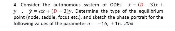Solved 4. Consider the autonomous system of ODES * = (0 - | Chegg.com