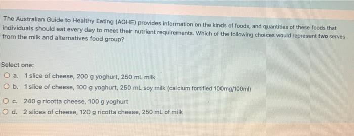 Solved The Australian Guide to Healthy Eating (AGHE) | Chegg.com