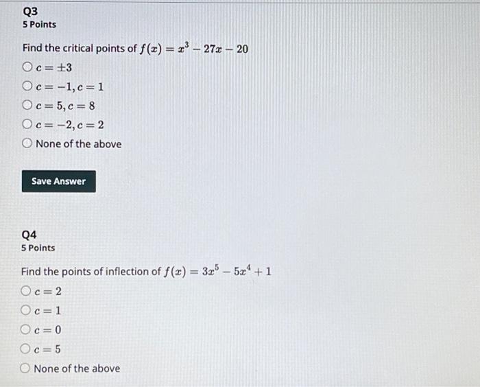 Solved Find The Critical Points Of F X X3−27x−20