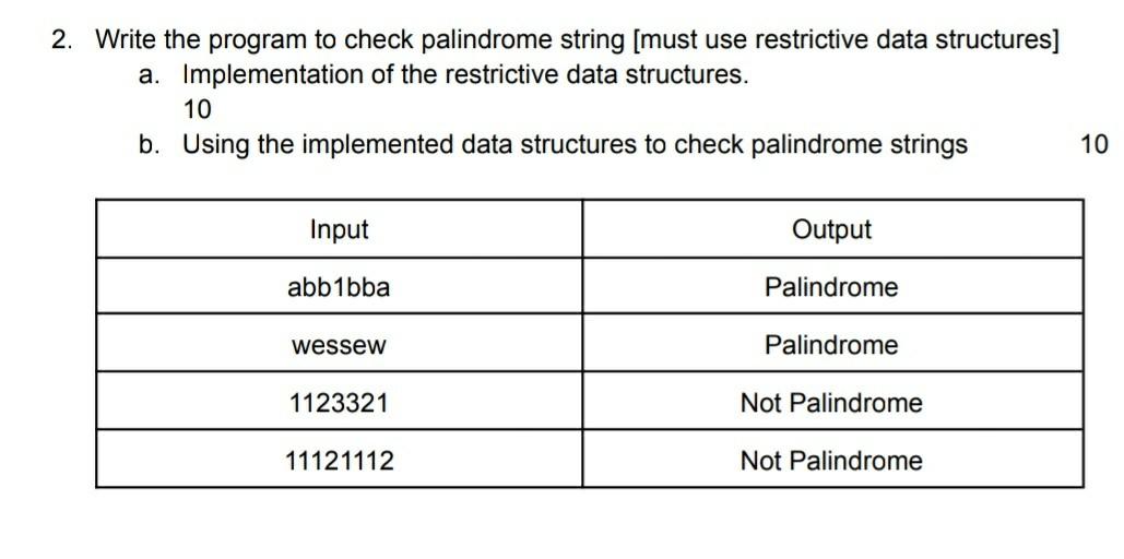 Solved 2. Write the program to check palindrome string [must | Chegg.com
