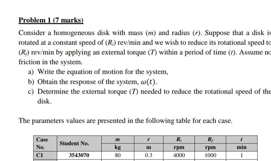 Solved Problem 1 (7 marks) Consider a homogeneous disk with | Chegg.com