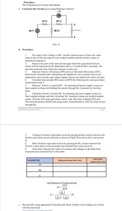 Solved Procedure: The Experiment to be done individually | Chegg.com