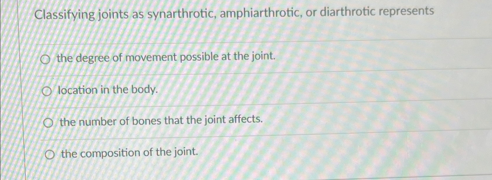 Solved Classifying joints as synarthrotic, amphiarthrotic, | Chegg.com Solved Classifying joints as synarthrotic, amphiarthrotic, | Chegg.com
