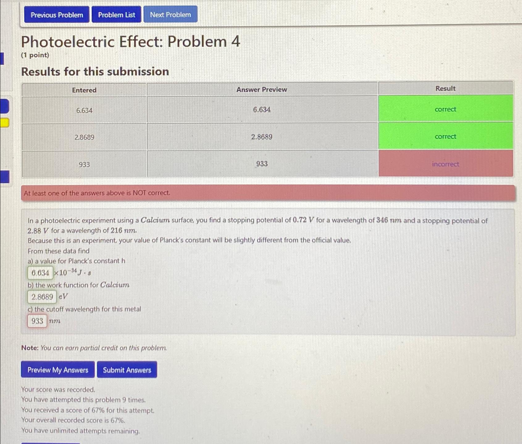 Solved Photoelectric Effect: Problem 4(1 ﻿point)Results for | Chegg.com