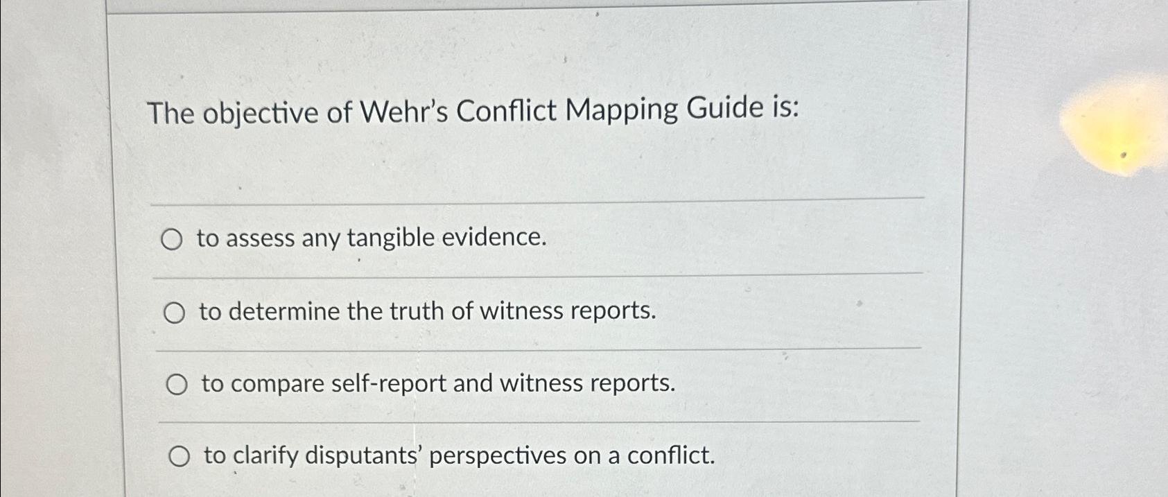 Solved The objective of Wehr's Conflict Mapping Guide is:to | Chegg.com