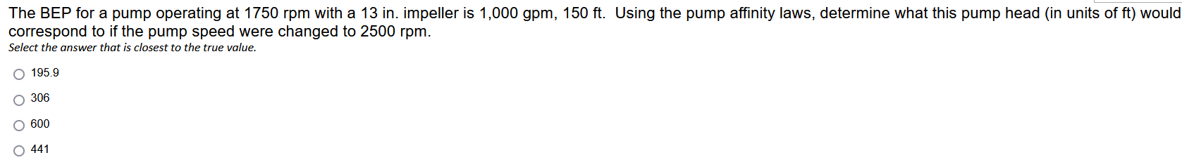 Solved The BEP for a pump operating at 1750rpm ﻿with a 13in. | Chegg.com