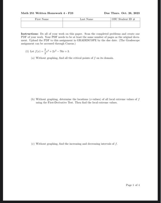 Solved Math 251 Written Homework 4 - F23 Due Thurs. Oct. 26, | Chegg.com