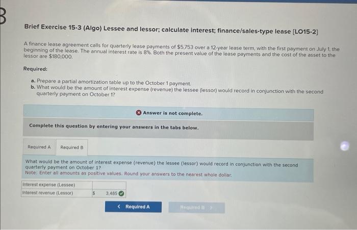Brief Exercise 15.3 (Algo) Lessee and lessor; | Chegg.com