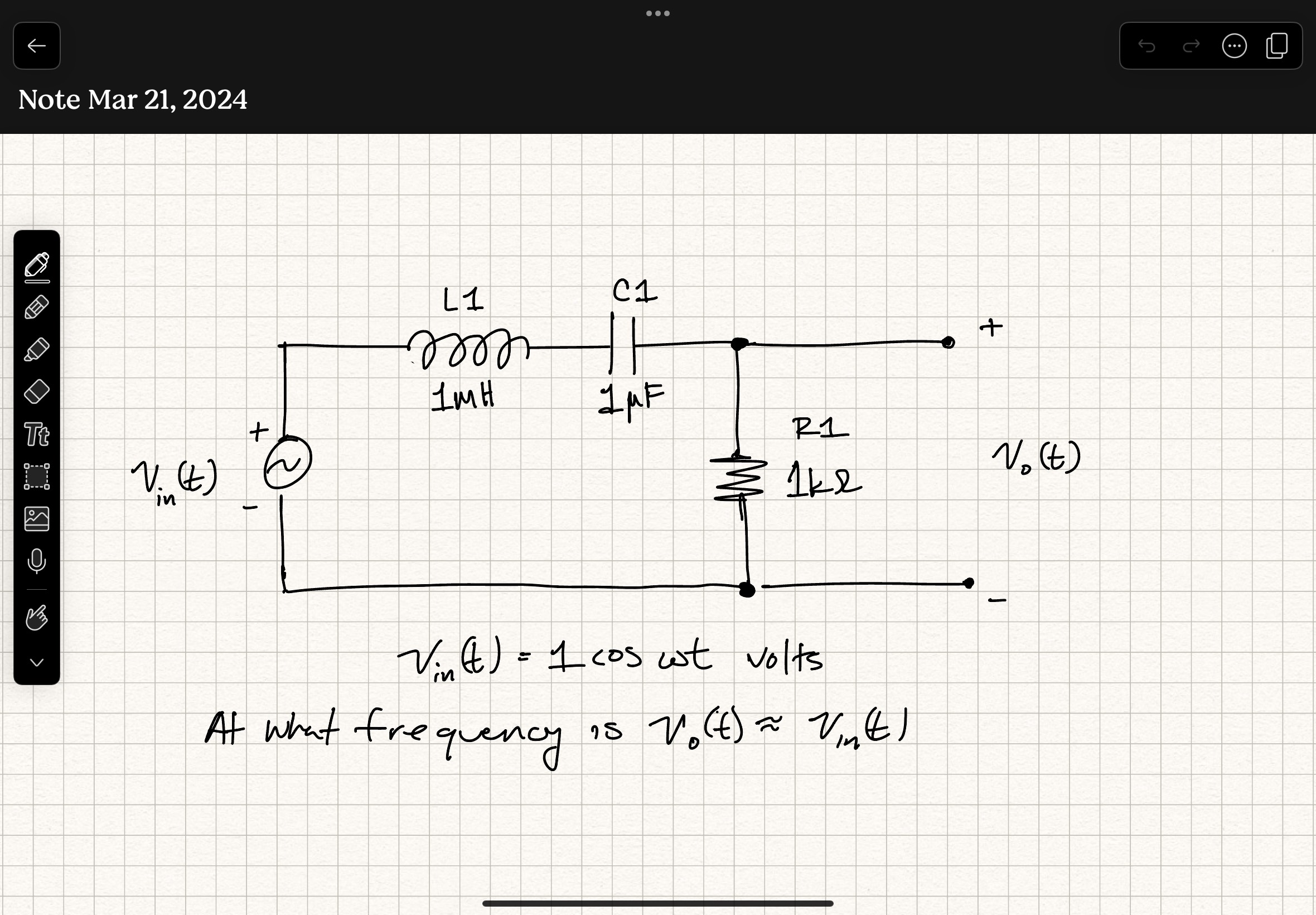 Solved At what frequency is V0(t)~~Vm (t) | Chegg.com