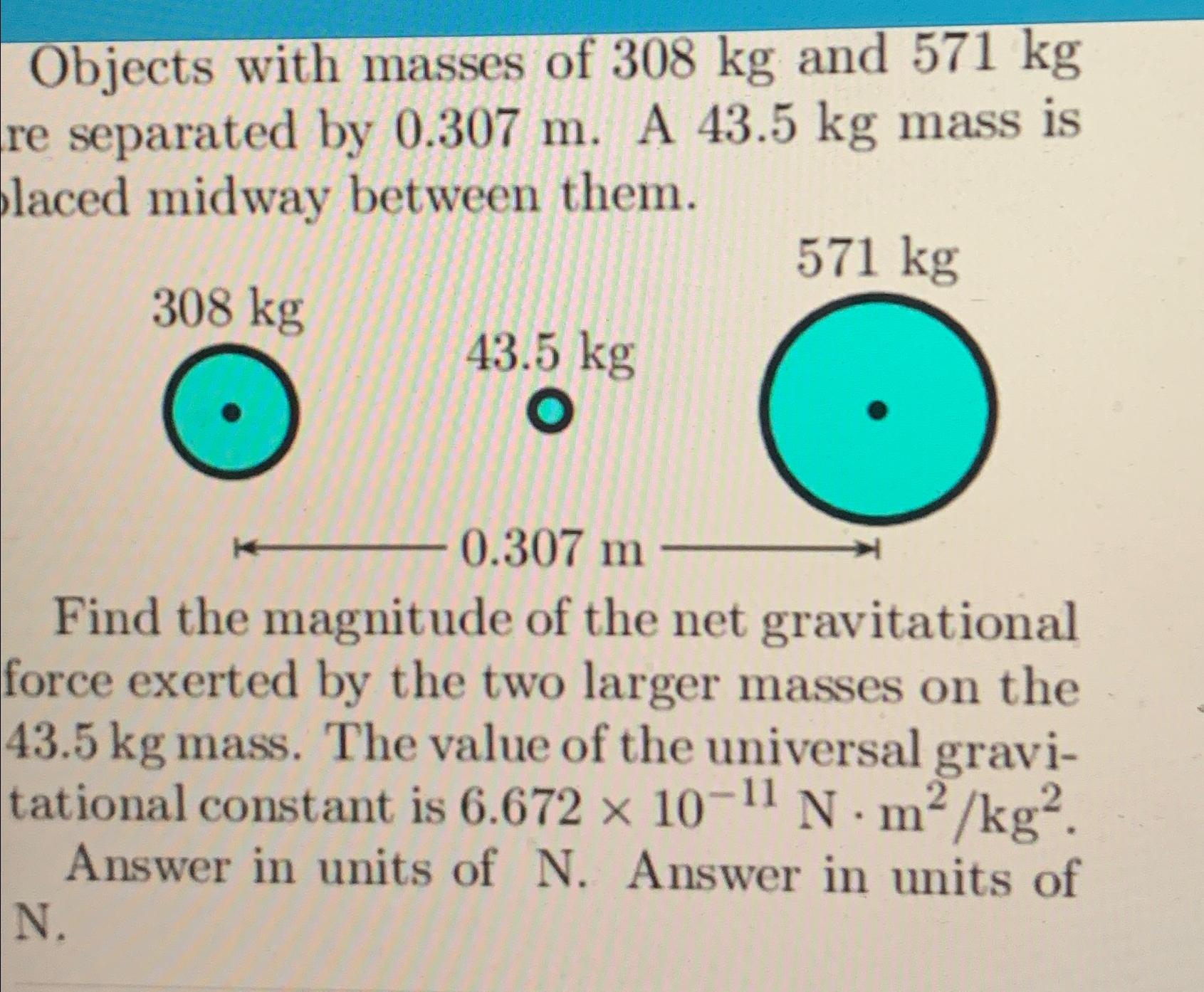 Solved Objects with masses of 308kg ﻿and 571kg ﻿re separated | Chegg.com