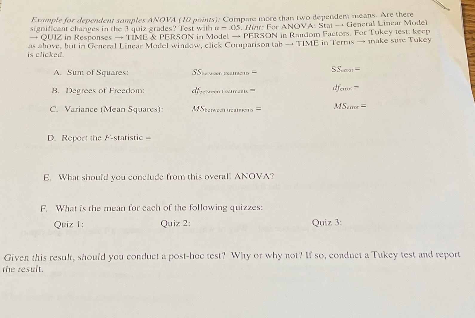Solved Example for dependent samples ANOVA (10 ﻿points): | Chegg.com