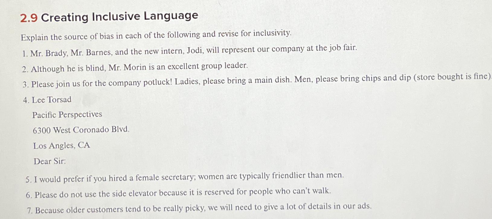Solved 2.9 ﻿Creating Inclusive LanguageExplain the source of | Chegg.com