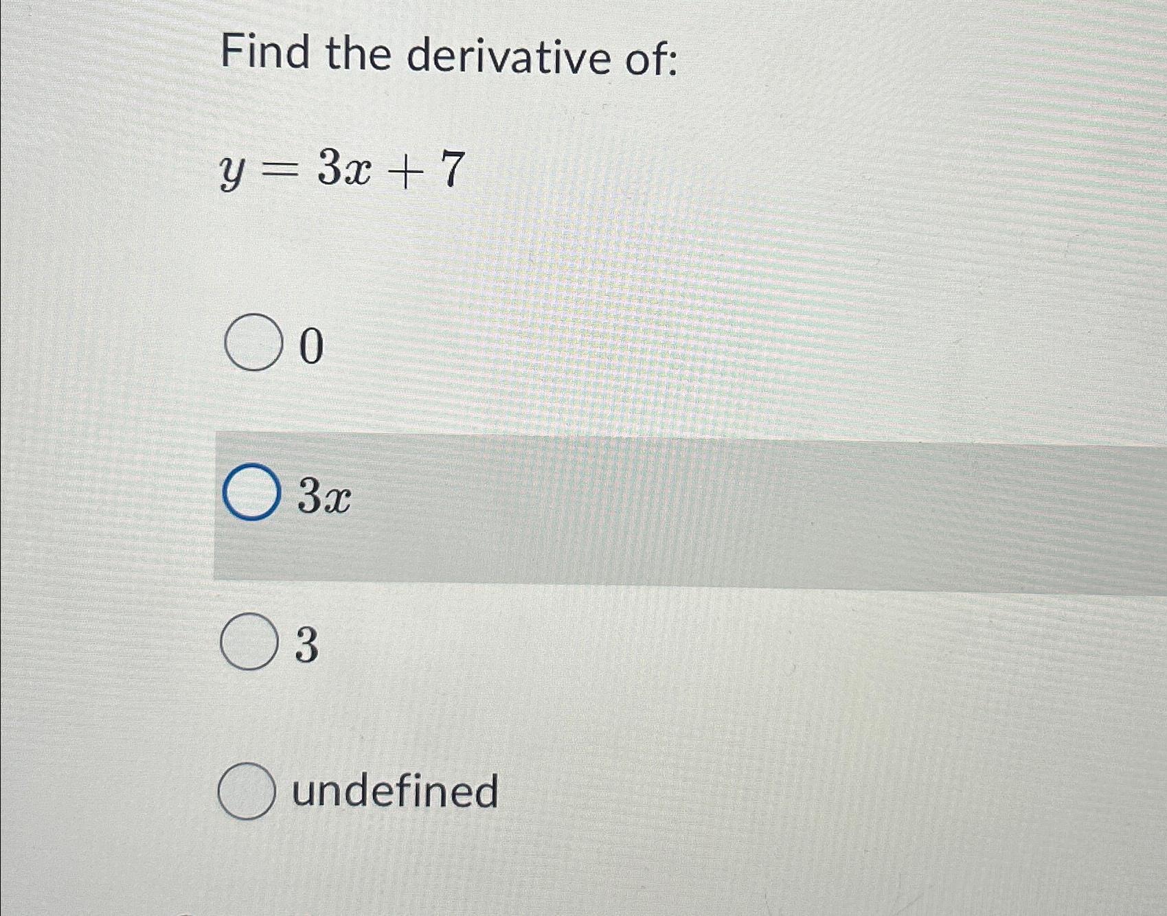 Solved Find the derivative of:y=3x+703x3undefined | Chegg.com