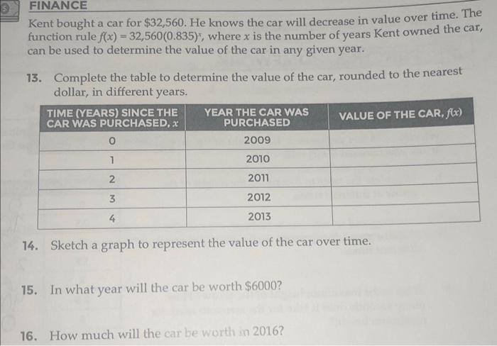 Solved Kent bought a car for $32,560. He knows the car will | Chegg.com