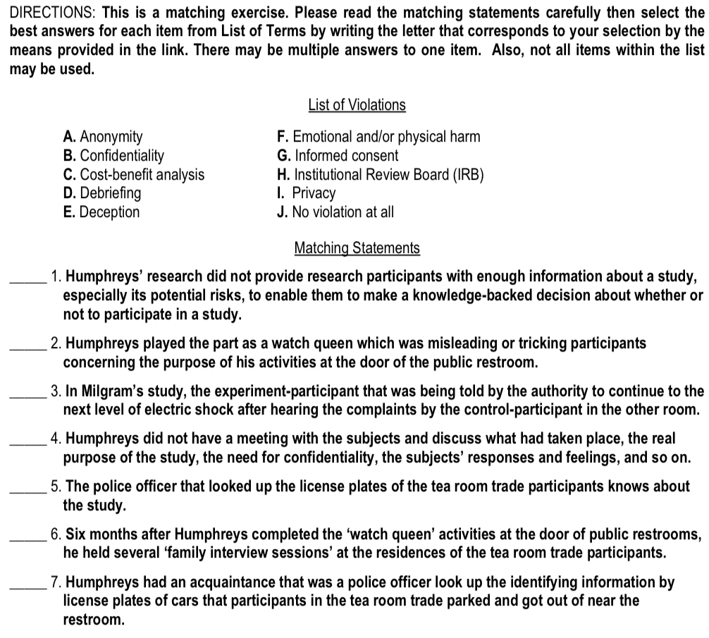 Solved DIRECTIONS: This is a matching exercise. Please read | Chegg.com
