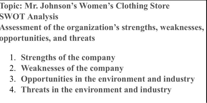 Solved Topic: Mr. Johnson's Women's Clothing Store SWOT | Chegg.com