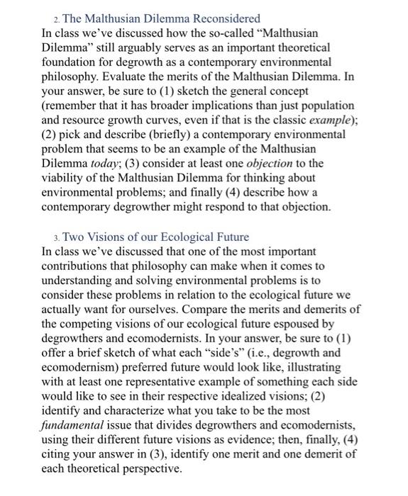 2. The Malthusian Dilemma Reconsidered In class we've | Chegg.com