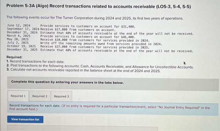 Solved Problem 5-3A (Algo) Record transactions related to | Chegg.com