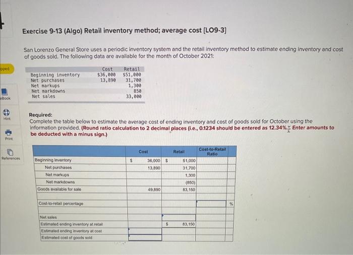 Solved Exercise 9-13 (Algo) Retail inventory method; average | Chegg.com