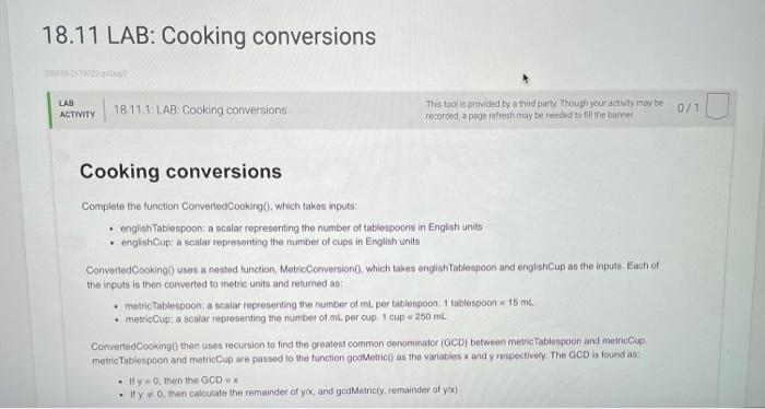Solved 18.11 LAB: Cooking conversions LAB ACTIVITY 18 111. | Chegg.com