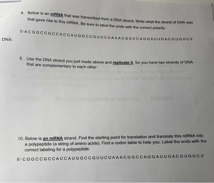 Solved 8. Below is an mRNA that was transcribed from a DNA | Chegg.com